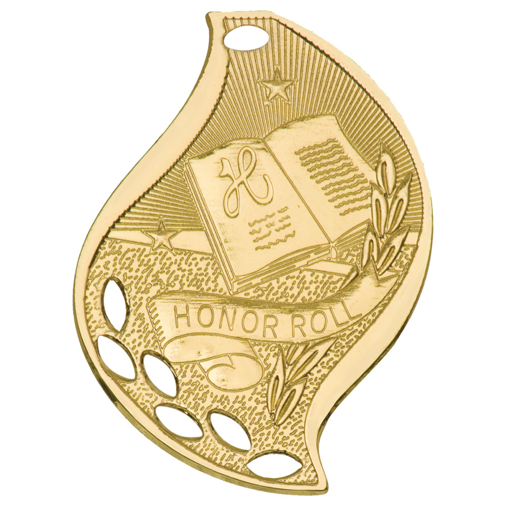 2 1/4" Bright Gold Honor Roll Laserable Flame Medal - Awards for Less