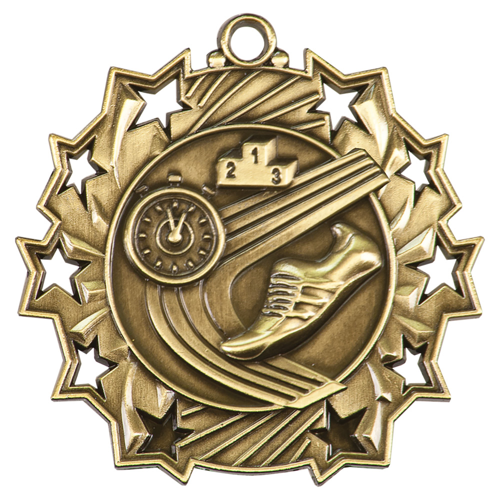 2 1/4" Antique Gold Track Ten Star Medal - Awards for Less