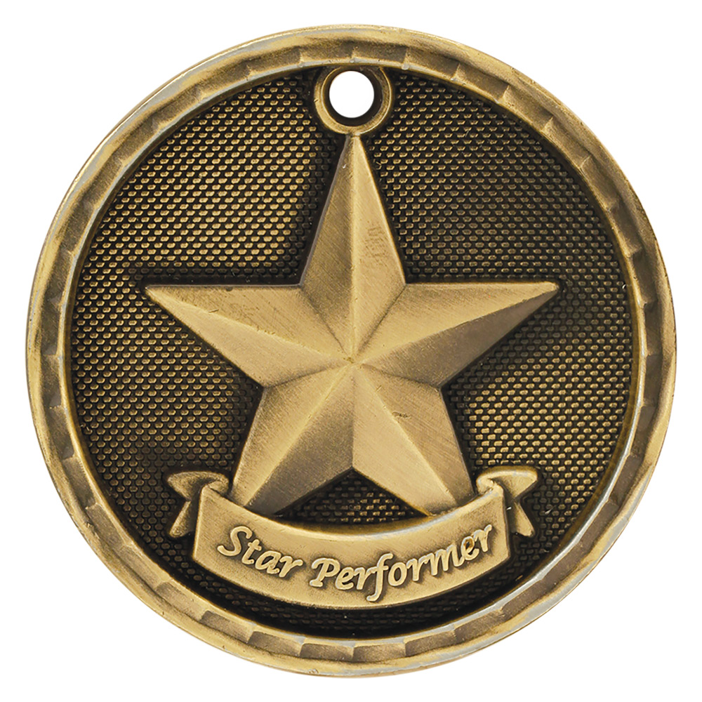 2" Antique Gold 3D Star Performer Medal - Awards for Less